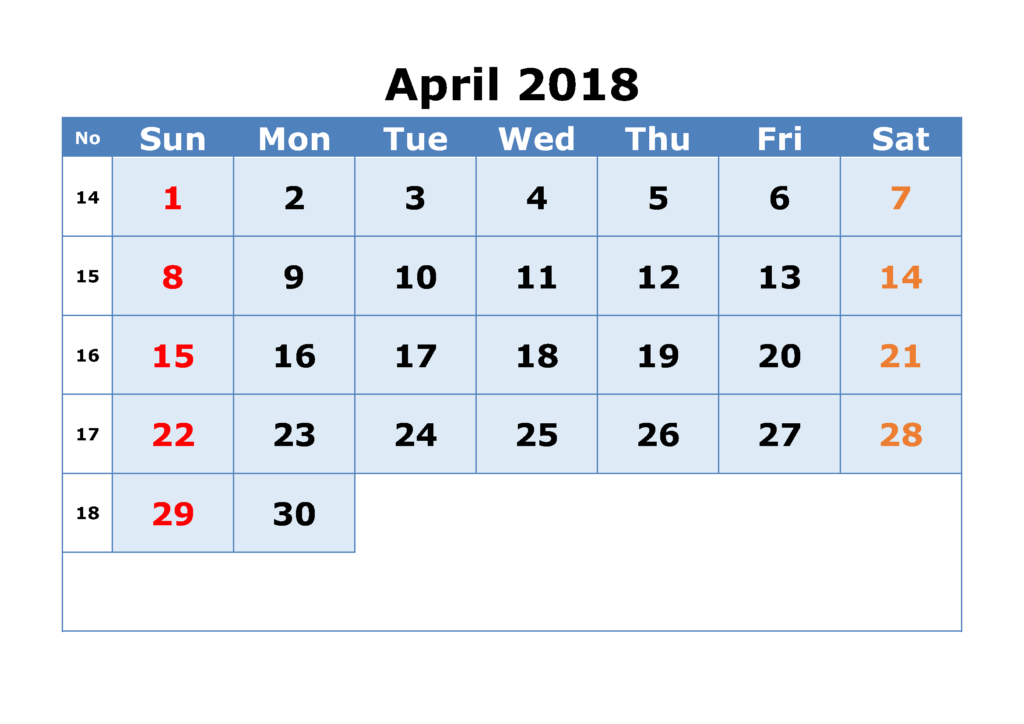 Blank Calendar April 2018 Monthly Template | Oppidan Library