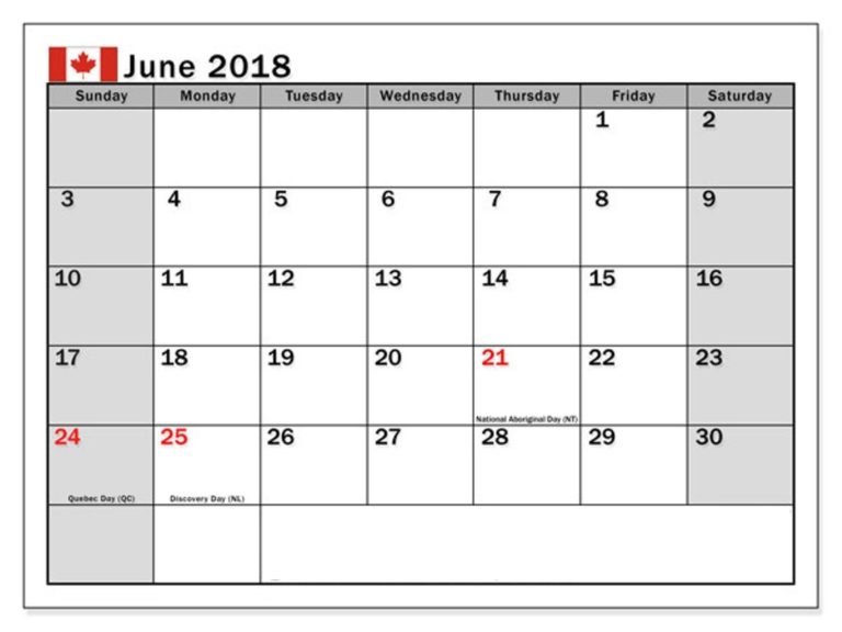 June 2018 Calendar Canada Bank And Public Holidays | Oppidan Library